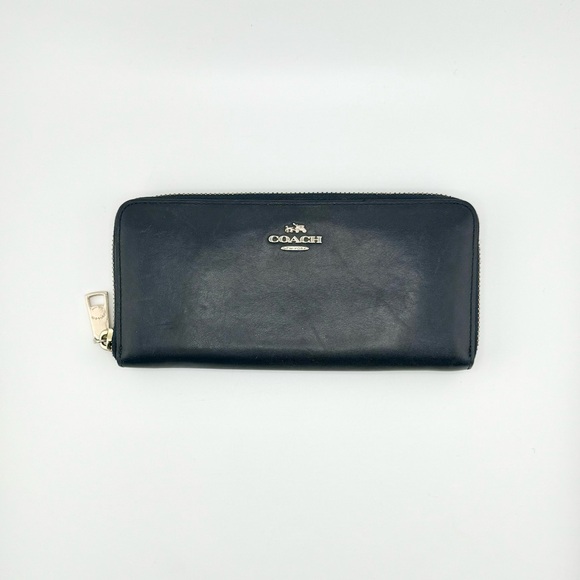 Coach | Bags | Coach Slim Zip Around Wallet Dark Blue Calf Leather With ...